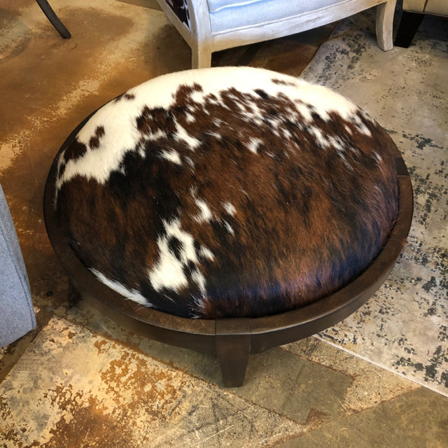 Round Dark Wood Base Cowhide Foot Stool – Invio Fine Furniture Consignment