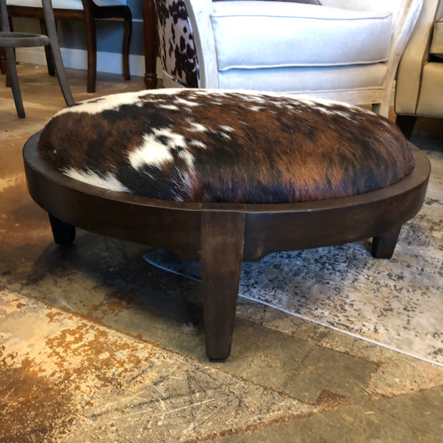 Round Dark Wood Base Cowhide Foot Stool – Invio Fine Furniture Consignment